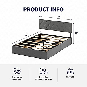ZAFLY Platform Bed Frame Queen Size with 4 Storage Drawers,Queen Bed Frame with Headboard,Diamond Stitched Button Tufted Design,Wooden Slats Support,No Box Spring Needed,Easy Assembly,Dark Grey
