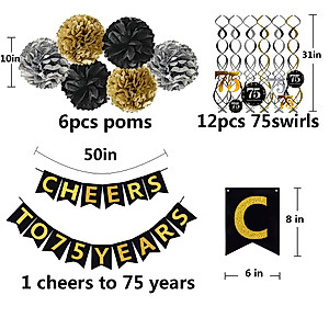 Famoby 75th Birthday Party Decorations Set- Gold Glittery Cheers to 75 Years Banner,Poms,12Pcs Sparkling 75 Hanging Swirls for 75th Birthday Decorations 75 Years Old Party Supplies