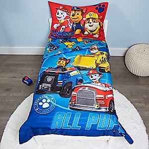 Paw Patrol Calling All Pups 4 Piece Toddler Bedding Set - Includes Quilted Comforter, Fitted Sheet, Top Sheet, and Pillow Case for Boys Bed, Blue
