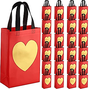 24 Pcs Valentines Day Reusable Gift Bags with Shiny Gold Heart Non Woven Gift Bags Goodie Bags 8 x 12 x 4 Inch Grocery Bags Shopping Bags for Birthday Wedding Valentines Party (Red)