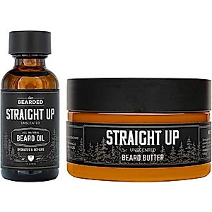 Live Bearded: Beard Oil and Beard Butter Grooming Kit - Straight Up - All-Natural Ingredients with Shea Butter, Argan Oil, Jojoba Oil and More - Beard Growth Support - Made in the USA