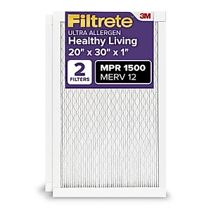 Filtrete 20x30x1 AC Furnace Air Filter, MERV 12, MPR 1500, CERTIFIED asthma & allergy friendly, 3 Month Pleated 1-Inch Electrostatic Air Cleaning Filter, 2-Pack (Actual Size 19.81x29.81x0.78 in)
