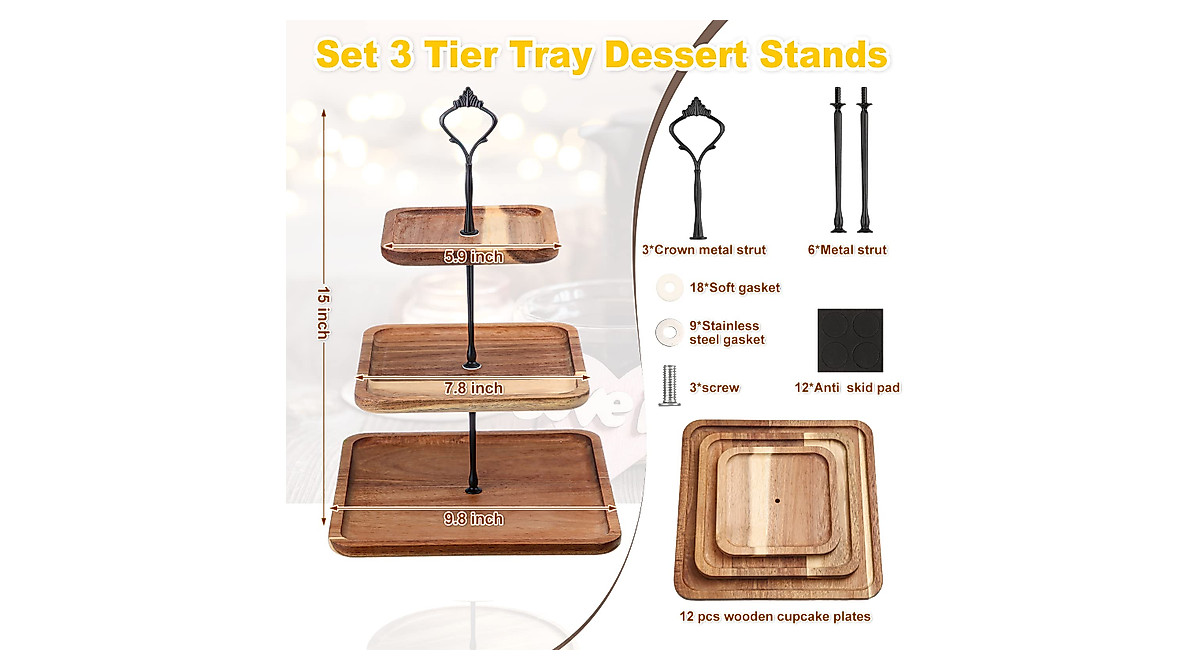 Rustic 3 Tier Serving Tray - Acacia Wooden Stand
