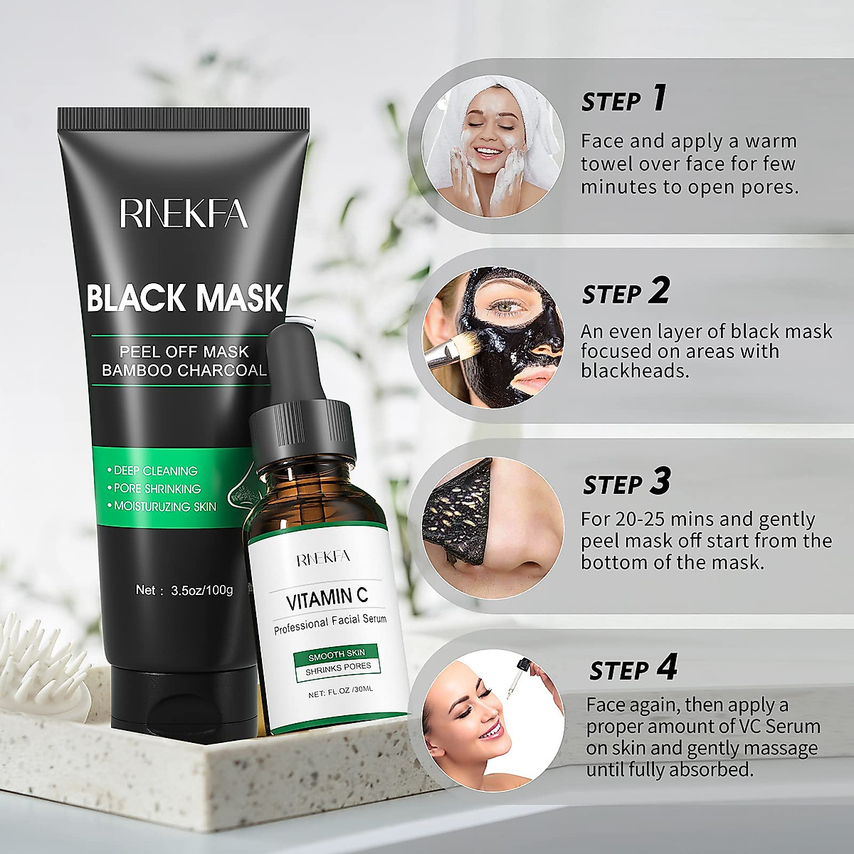 Blackhead Remover Mask Kit 4-in-1 Peel Off Charcoal Face Mask with Vitamin C Serum Blackheads Extractor Tools, and Silicon Brush, Purifying Deep Cleansing Blackheads Acne Mask for Women and Men, 100 g