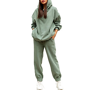 Linsery Sport Hoodie with Jogger Sweatpants Tracksuit Hooded 2 Piece Workout Set Sweatshirt Matching Jogging Suit Green L