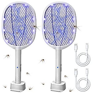 Lulu Home 2-in-1 Electric Bug Zapper Racket, 2 Pack 3000V High Voltage LED Lighted Handheld Mosquito Swatter with 3 Layer Safety Mesh, USB Charging Portable Fly Killer Racquet