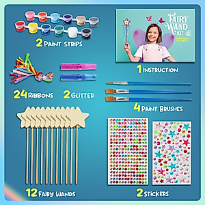Byncceh 12 Sets Make Your Own Wooden Princess Wand Craft Kit, Fairy Wands Kit Include Fairy Wands, Gems Stickers, Paint & Ribbons Decorate Art DIY Magical Show for Party Supplies for Girls Gifts