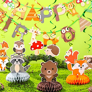 29 Pcs Woodland Party Supplies Animal Honeycomb Centerpieces Baby Shower Birthday Decorations Include Happy Birthday Banners Hanging Cards Swirl Ceiling Streamers for Forest Camping Party Supplies