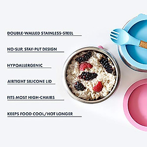 Avanchy® Baby Bowls with Suction and Storage Lids Set. Babies Kids Toddler Boys Girl First Food Feeding. Fits Feeding High Chair Table. Stainless Steel, Blue