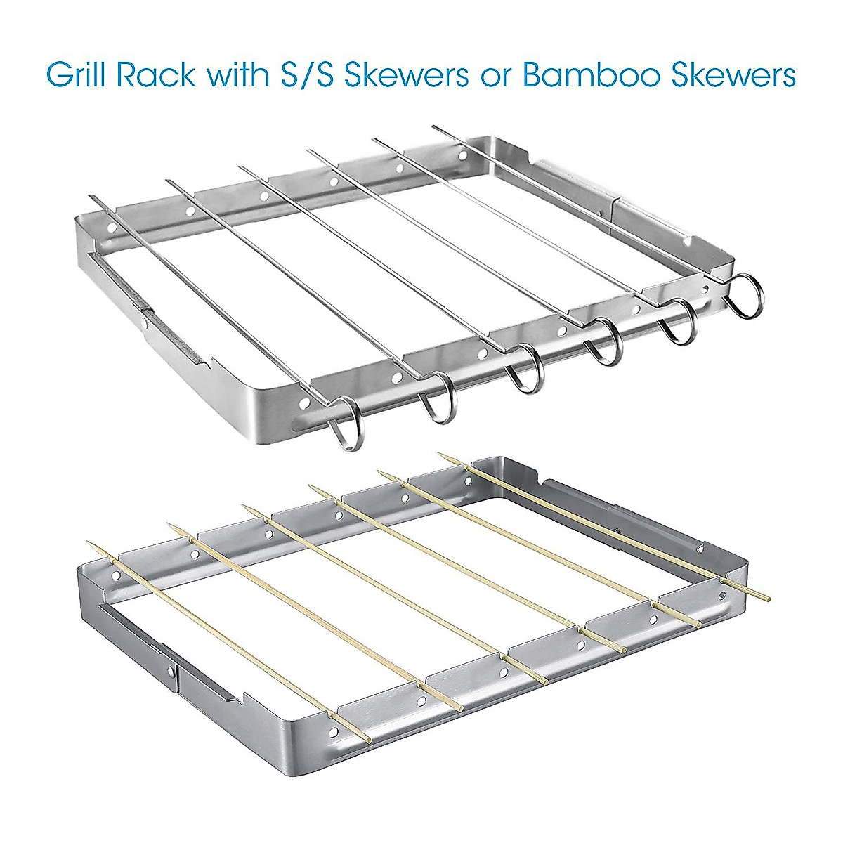 UNICOOK Heavy Duty Stainless Steel Barbecue Skewer Shish Kabob Set, 6pcs 13"L Skewer and Foldable Grill Rack Set, Durable and Reusable, Bonus of 50pcs 12.5"L Bamboo Skewers for Party and Cookout