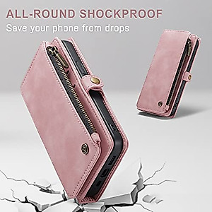 Defencase for iPhone 12 Pro Max Case Wallet for Women, Durable PU Leather Magnetic Flip Lanyard Strap Wristlet Zipper Card Holder Phone Cases, Rose Pink