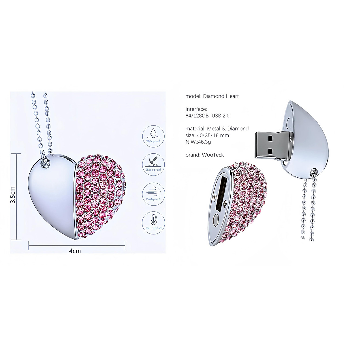 WooTeck 64GB Crystal Loving Heart Jewelry USB Flash Drive Pendrive with Necklace,Pink