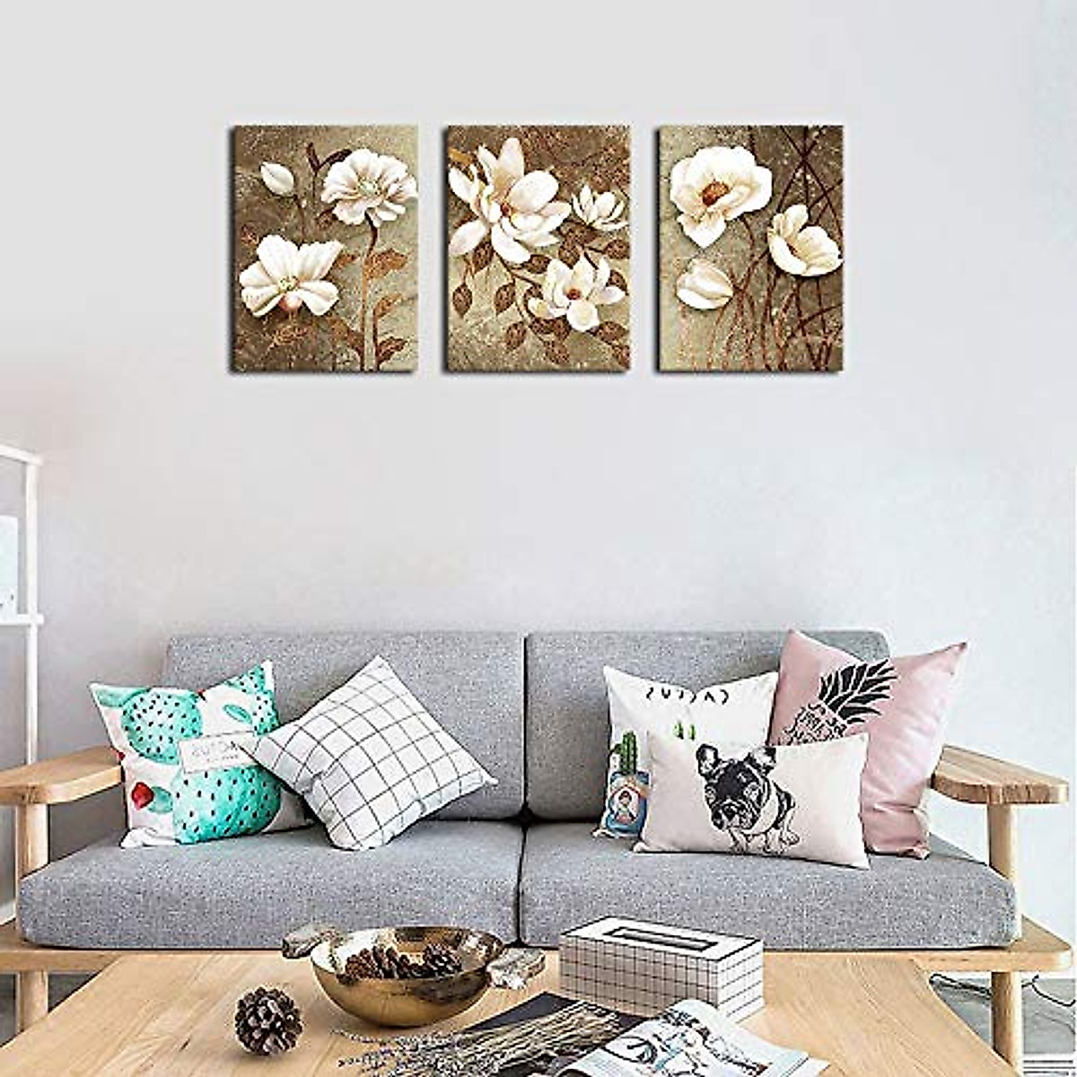 Vintage Wall Art Flowers Bedroom Wall Decor 3 Pieces Canvas Wall Art White Blossom Bathroom Living Room Decoration 12" x 16" x 3 Panels Framed Ready to Hang