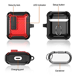 Lopnord Lock Compatible with Apple Airpods Case 2nd Generation, Rugged Case Cover for AirPods 1st with Keychain (Red)
