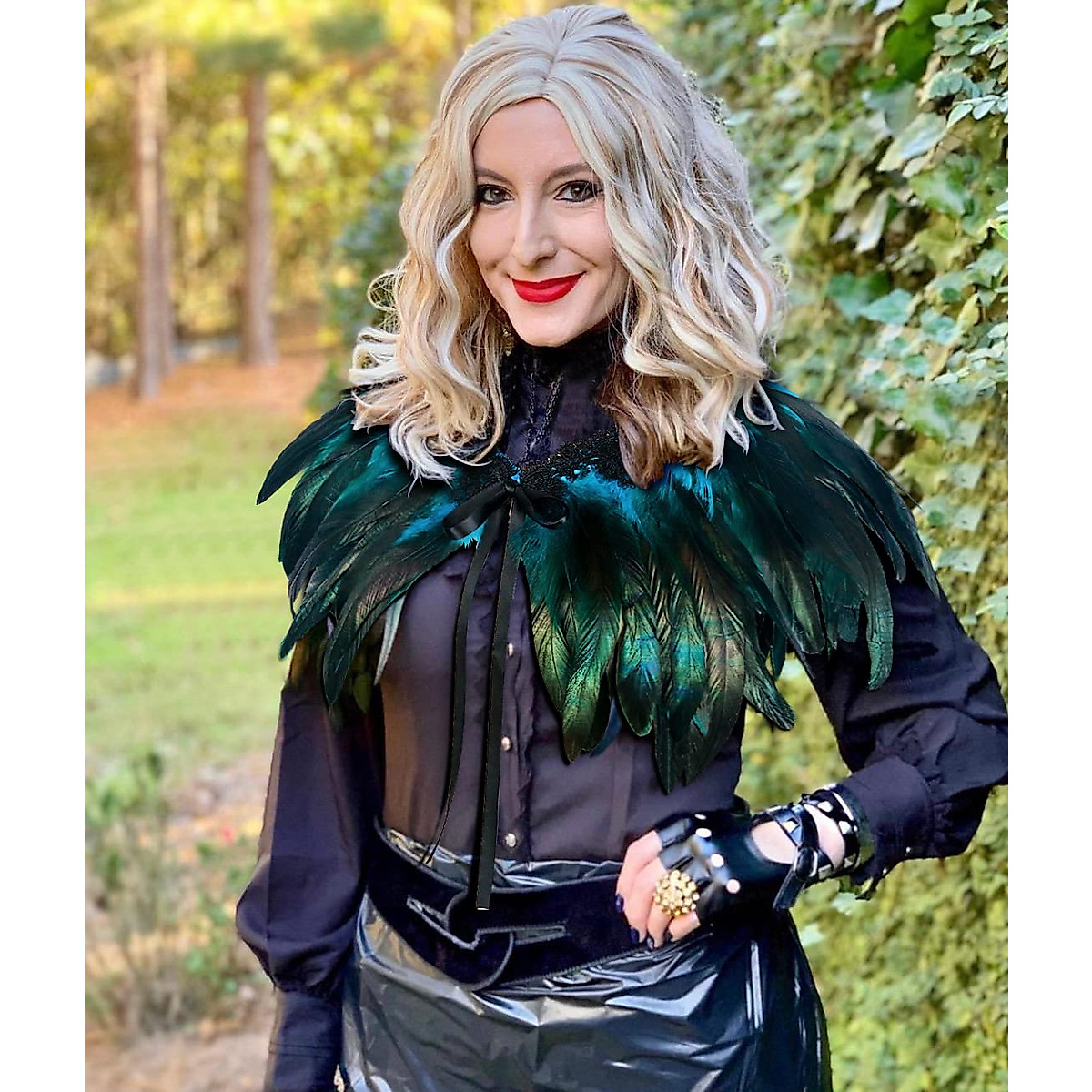 ZAKIA Women's Natural Feather Shawl Cape Halloween Shrug Black Brown Poncho Collar (Blue)