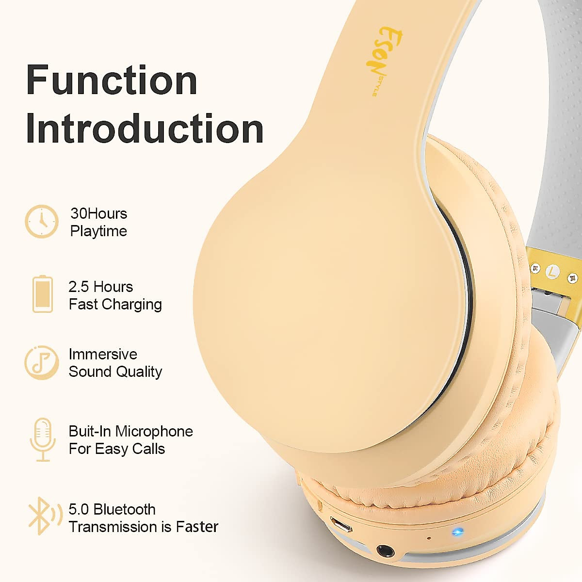 esonstyle Bluetooth Headphones Over Ear Foldable Wireless and Wired Stereo Headset with Mic Soft Earmuffs Light Weight for Phone TV PC Online Class Home Office (Apricot)