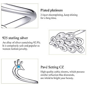 Dainty Peacock Sterling Silver Open Wrap Rings for Women Adjustable Elegant Animal Bule Crystal Cuff Finger Eternity Ring Expandable Band Jewelry Gifts