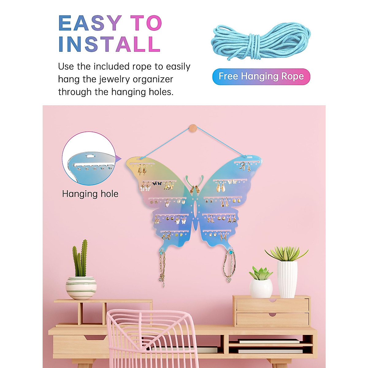 NiHome Iridescent Acrylic Butterfly Wall Mount Jewelry Organizer, Aesthetic Earring and Necklace Holder for Home and Store Use, Easy No-Tool Installation & Elegant Design for Enhanced Jewelry Display