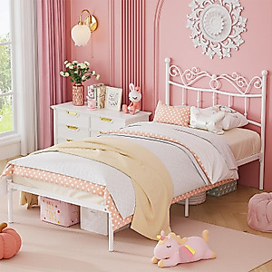 Merronix Twin Bed Frames with Headboard, Elegant Metal Bed Frame for Kids Girls, Modern Twin Size Platform Bed - No Box Spring Needed, 11.2 Inches Height Underneath Storage - White