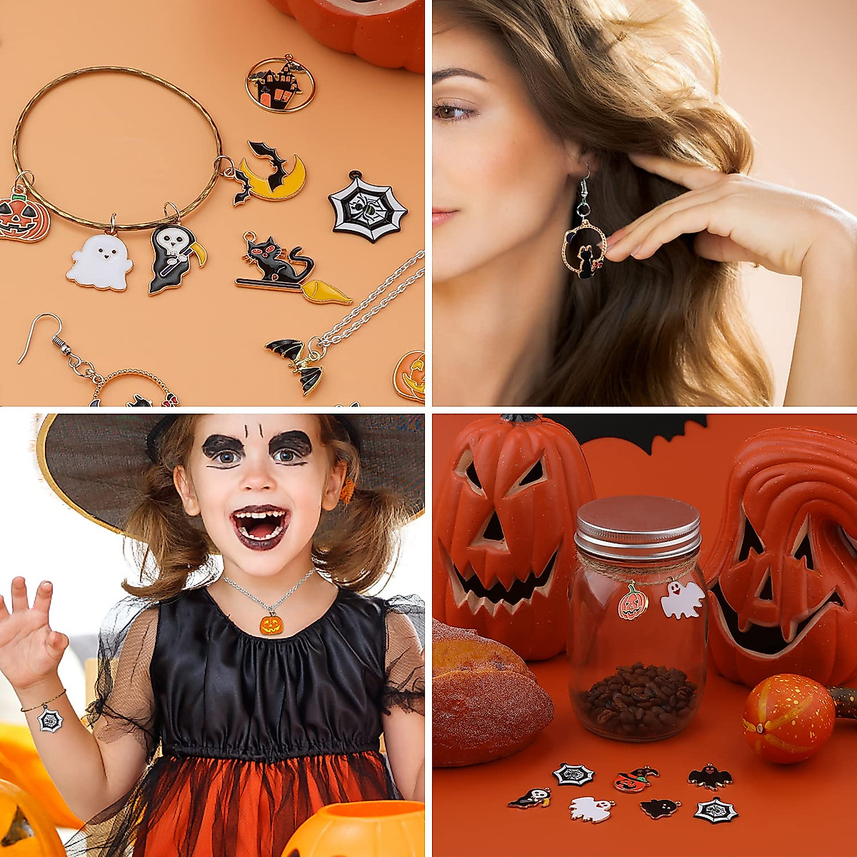 AIEX 36pcs Halloween Charms, Enamel Pendant Halloween Pumpkin Ghost Bat Charms for Earrings Necklace Bracelet Jewelry Making DIY Craft Decorations