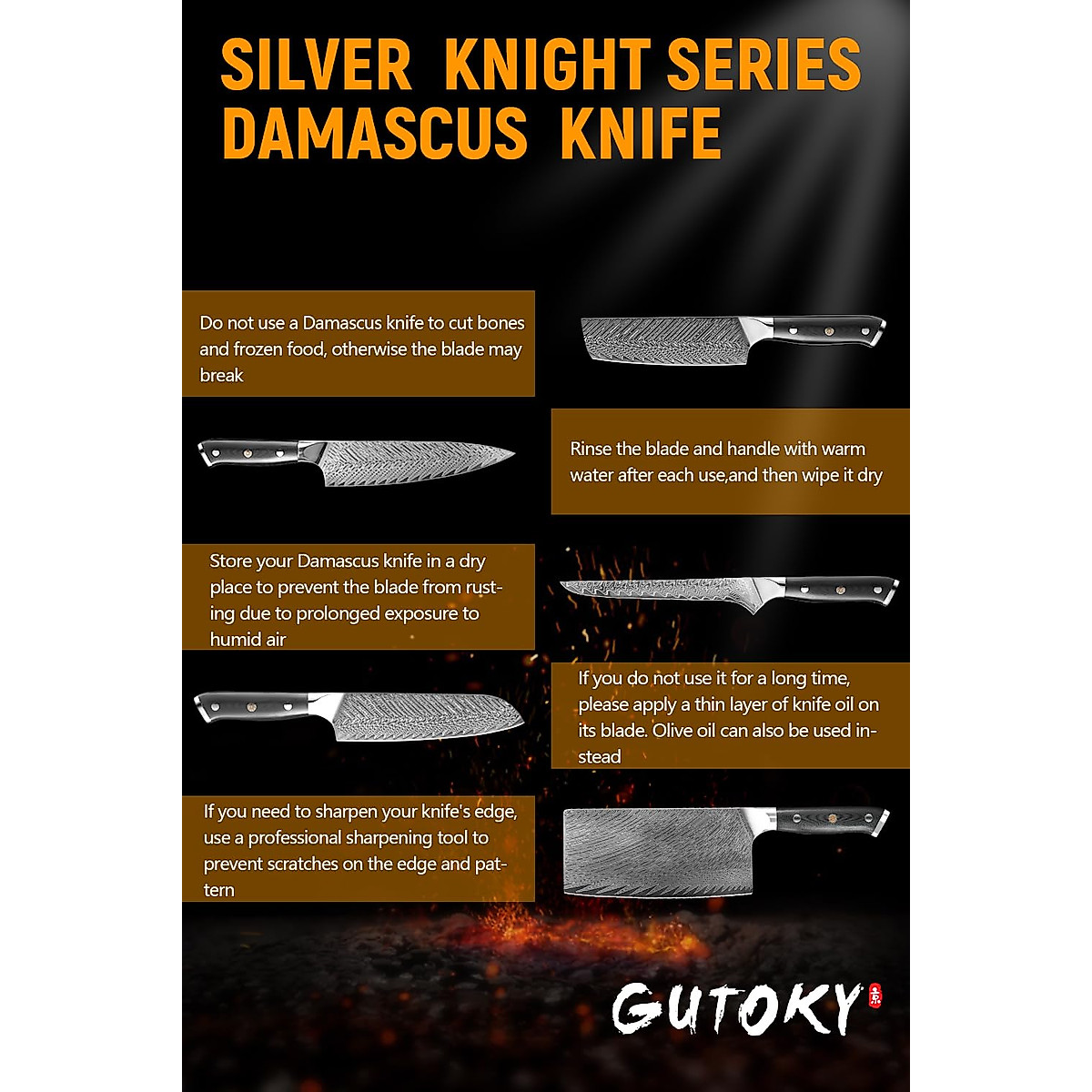 Gutoky 6 Inch Damascus Boning Knife, Feather Pattern Blade with G10 Handle, Japanese AUS10 Steel, Professional Kitchen Fillet Knife