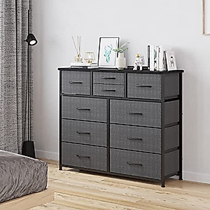 LUMTOK 10-Drawer Dresser, Fabric Storage Dressers for Bedroom, Hallway, Nursery, Closets, Steel Frame, Wood Top, Easy Pull Handle (Grey)