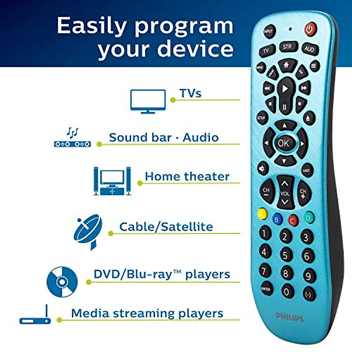Philips Universal Remote Control Replacement for Samsung, Vizio, LG, Sony, Sharp, Roku, Apple TV, RCA, Panasonic, Smart TVs, Streaming Players, Blu-ray, DVD, Simple Setup, 3 Device, Blue, SRP3249B/27