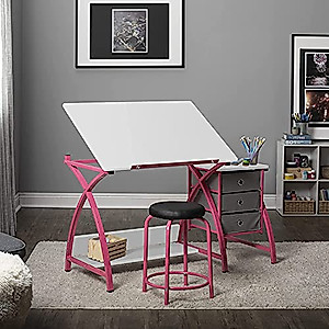 Offex 2 Piece Venus Craft Table with Angle Adjustable Top and 20.5" H Matching Padded Stool, Pink/White - Great for Home, Office, Kids Room and More