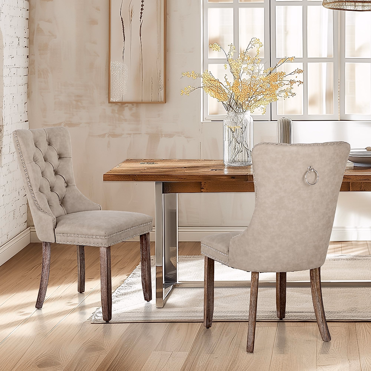 ALPHA HOME Dining Chairs Set of 2, Upholstered Dining Room Chairs, Tufted Kitchen Chairs with Solid Wood Legs and Tall Backrest, Fabric Padded Parson Chairs, Beige