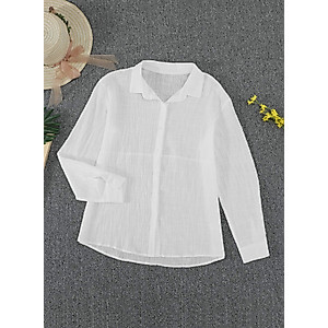 Astylish Women Long Sleeve V Neck Solid Linen Blouses White Button Down Shirt Tops Work Clothes for Women Office White Medium