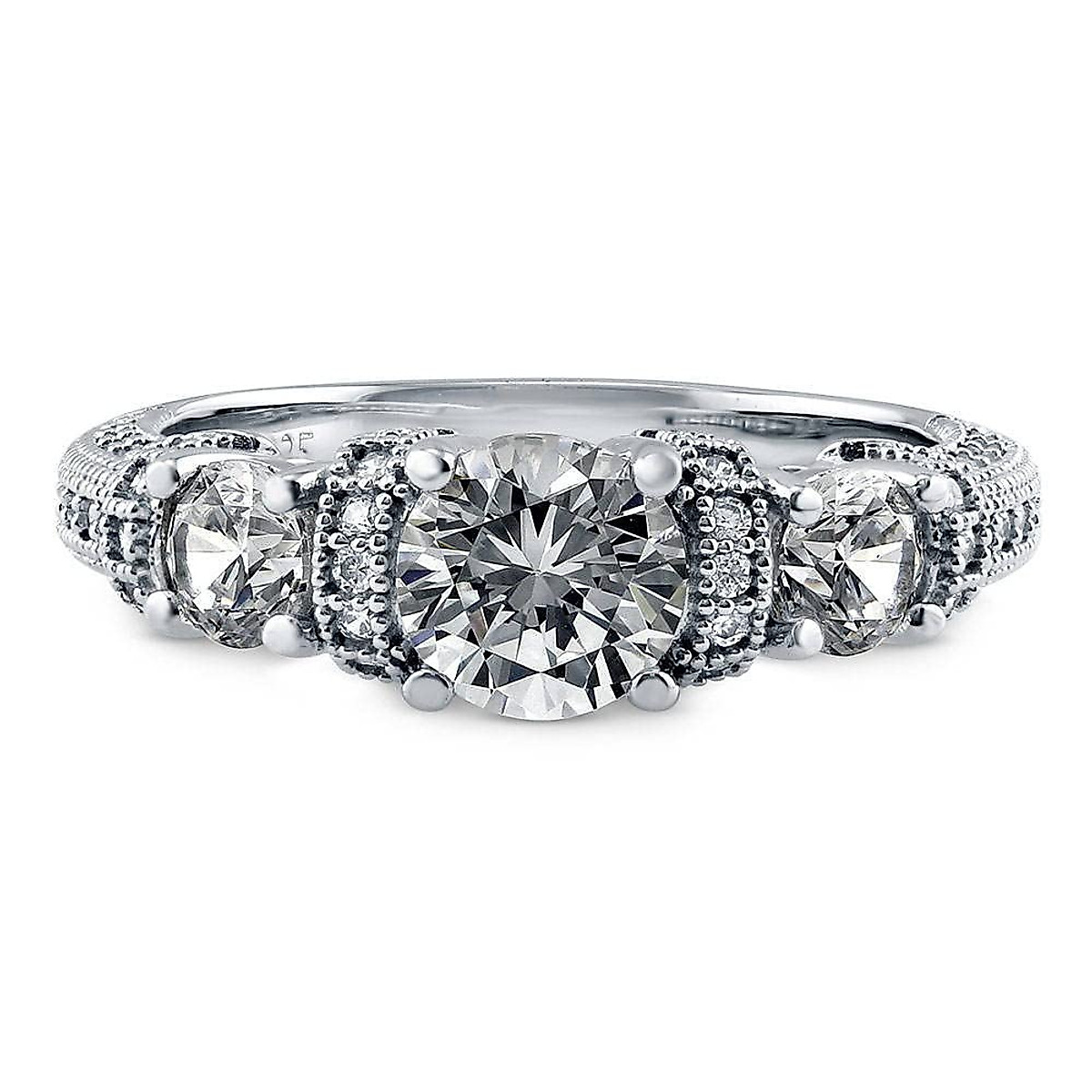 BERRICLE Sterling Silver 3-Stone Wedding Engagement Rings Round Cubic Zirconia CZ Art Deco Promise Ring for Women, Rhodium Plated Size 9