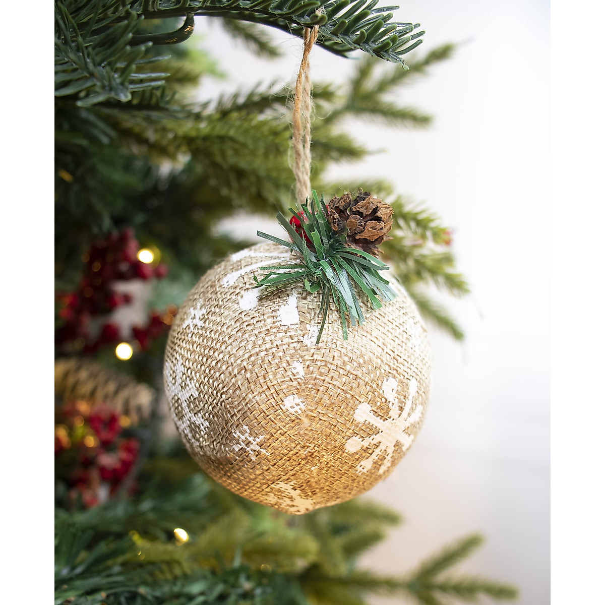 Burlap Christmas Hanging Ornaments, Farmhouse Rustic Christma Decorations, Natural Jute Ball Ornaments for Xmas Holiday Party Home Decor 12Pcs