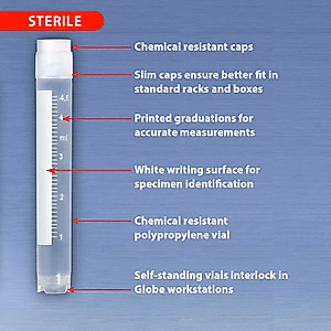Globe Scientific CryoClear 3015-50 Polypropylene Barcoded Cryogenic Vial, 5mL Capacity, Sterile, External Threads, Attached Screwcap with Molded O-Ring, Round Bottom, Self-Standing (Case of 50)