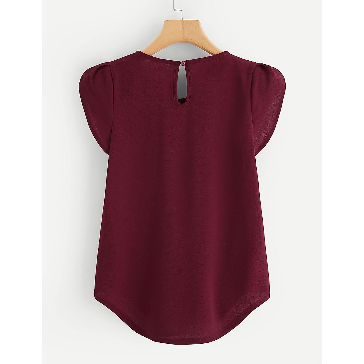 Milumia Womens Casual Round Neck Basic Pleated Top Shirt Curved Keyhole Back Blouse (Burgundy, Small, Cap Sleeve)