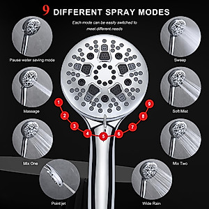 BSTKEECL 14”High Pressure Rain Shower Heads with Handheld Spray with Long Hoes Combo Rainfall Showerhead with 9Shower Water Sprayer Modes & Adjustable Extension Arm CP