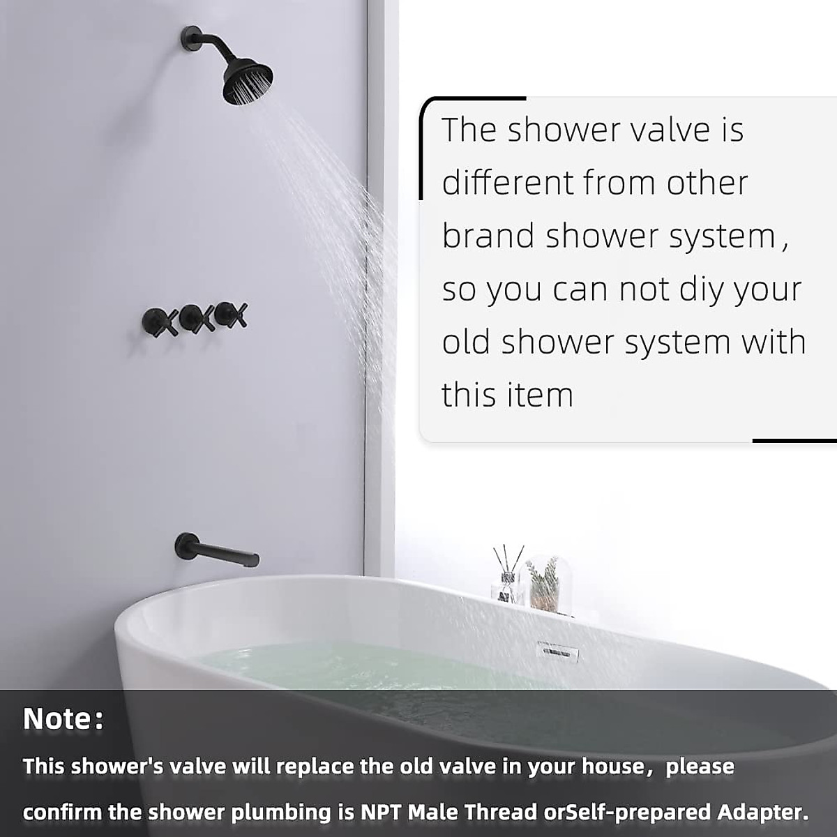 KAPHOME Matte Black 3 Handles Shower Faucet Set with Tub Spout,Tub and Shower Trim Kit with Valve,Wall Mounted,KHSSB05U-1