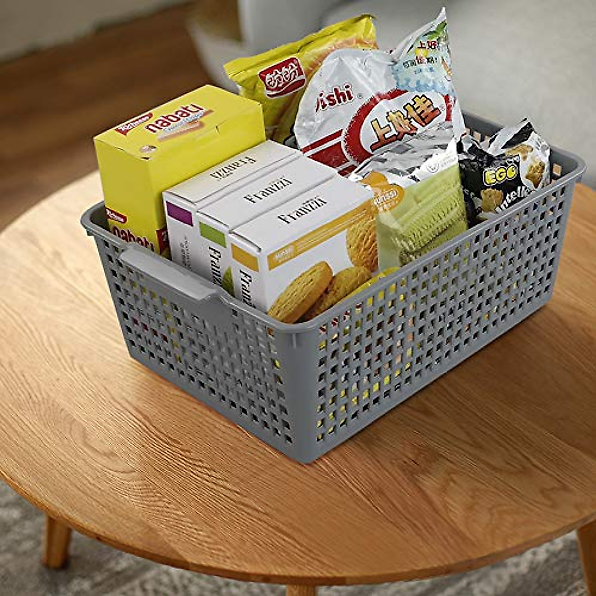 Gloreen Grey Plastic Weave Basket, Multipurpose Storage Basket For Organizer, 3 Packs