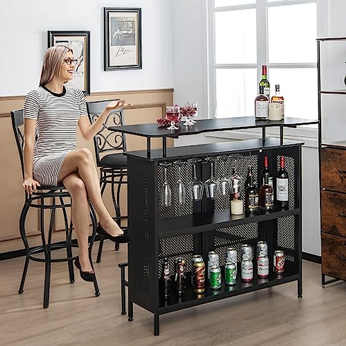Giantex 4-Tier Home Bar Unit, Home Bar Cabinet w/ 2 Wine Storage Shelves & 6 Stemware Holders, Metal Front & Footrest, 7 Adjustable Feet, Industrial Metal Wine Bar Table for Kitchen, Pub, Black