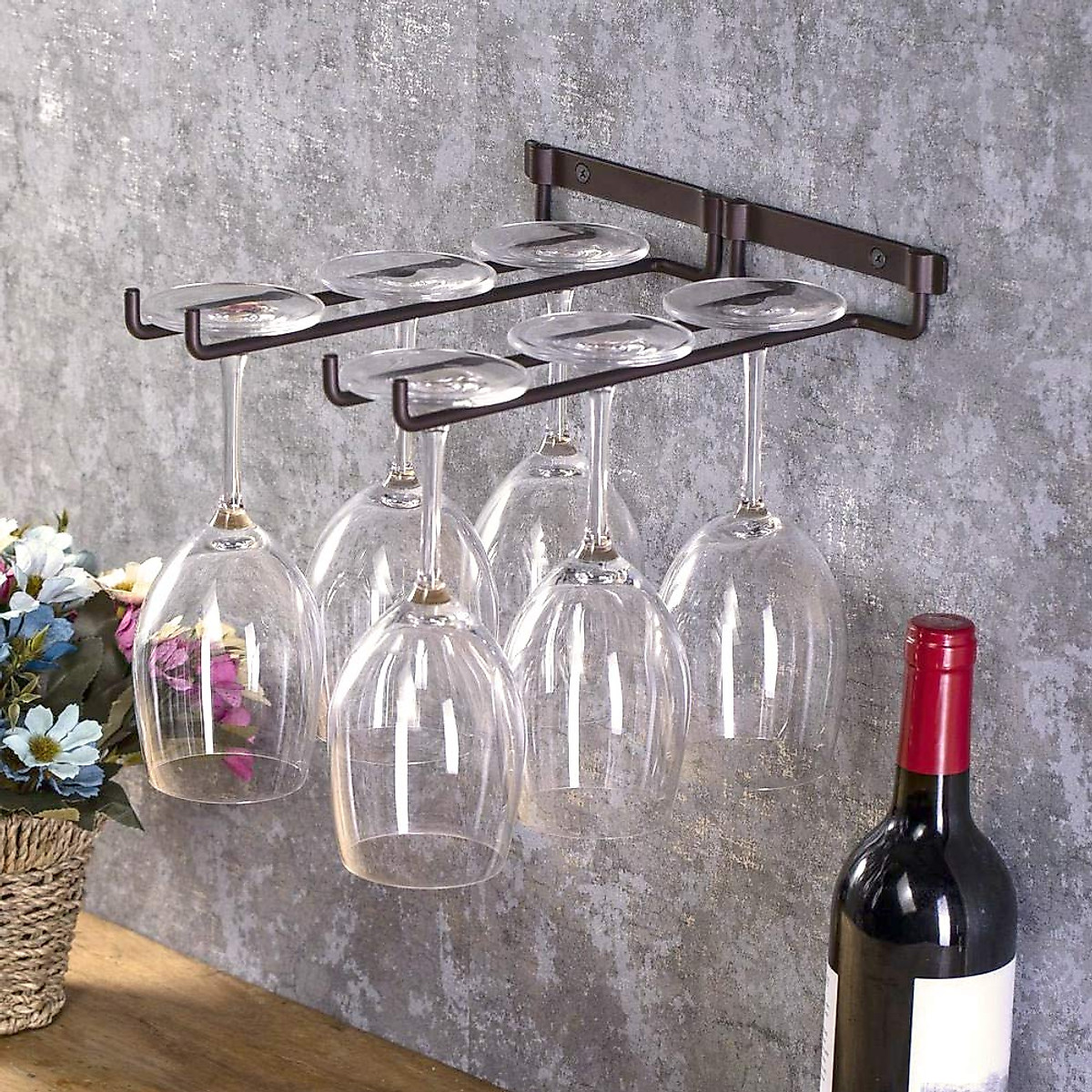 Double Wine Glass Rack Bronze Rack Wall Mount Stemware Rack Wine Glass Rack Hanger Holder Hanging Shelf Metal Storage Hanger for Kitchen or Bar