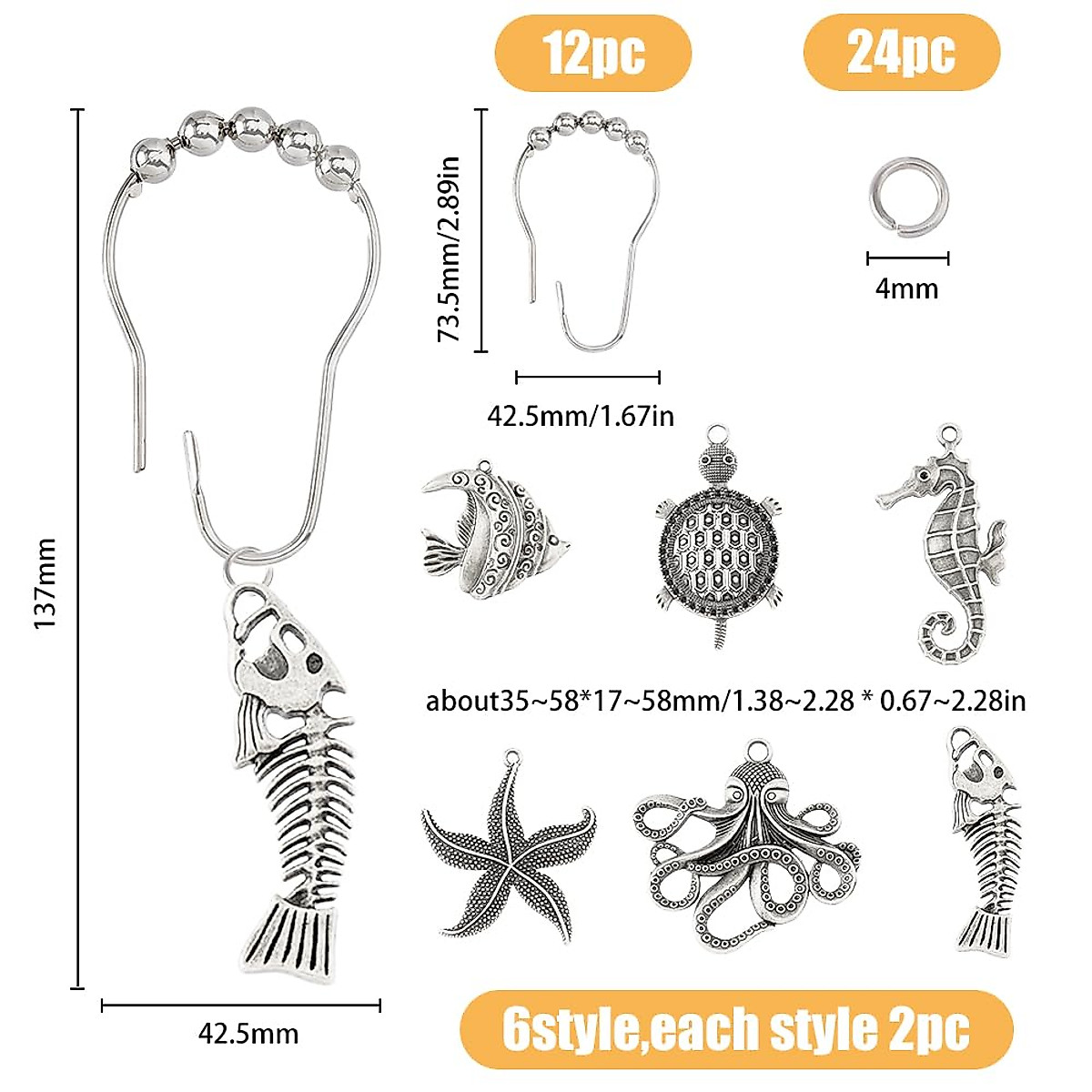 SUPERFINDINGS 12Pcs 6 Styles Ocean Theme Shower Curtain Rings Iron Shower Curtain Hooks Rings with Alloy Animal Pendants Starfish Fishbone Octopus Metal Shower Rings Hooks for Bathroom