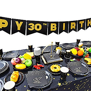 Gatherfun 30th Birthday Party Supplies Disposable Paper Plates Napkins Cups Knives Spoons Forks Tablecloth Banner Number 30 Balloons for Men Woman Black and Gold 30 Birthday Party Decorations Serve 25