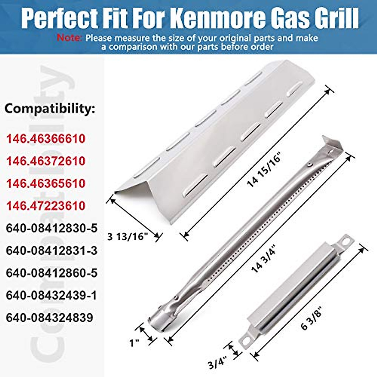 Grill Parts Replacement Compatible for Kenmore 146.46366610, 146.46372610, 146.46365610 146.47223610 Grill, 4-Pack Heat Plates Grill Burners & Crossover Tubes Replacement for 146.46366610, S