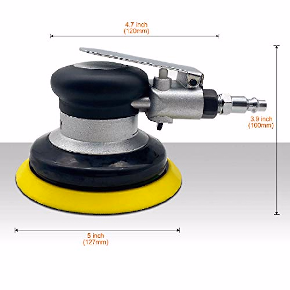 Senray Professional Air Random Orbital Palm Sander, 5-Inch Heavy Duty Dual Action Pneumatic Sander with 1pc Spare Plate, 8Pcs Sandpapers