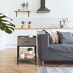 OYEAL Gray Night Stand with Charging Station 2-Tier Side Tables Bedroom with Drawer Small Bedside Table with USB Ports and Outlets for Bedroom Living Room, Rustic Grey