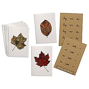 Zentangle Autumn Leaves Fall Note Cards - 24 Greeting Cards with Envelopes and Brown Kraft Sticker Seals - Perfect as Fall Thank You Cards