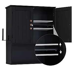 Iwell Bathroom Cabinet Wall Mounted with 2 Shelf & Toilet Paper Holder, 23.6''L*8.9''W*27.9''H Medicine Cabinet, Double Doors for Bathroom, Over The Toilet Space Saver Storage Cabinet, Black