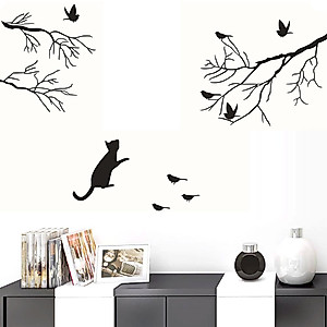 BIBITIME Vinyl Black Cat Staring at Birds on Tree Branch Wall Decal for Living Room Glass Door Window Nursery Bedroom Children Kids Baby Rooms Decor Home Art Murals
