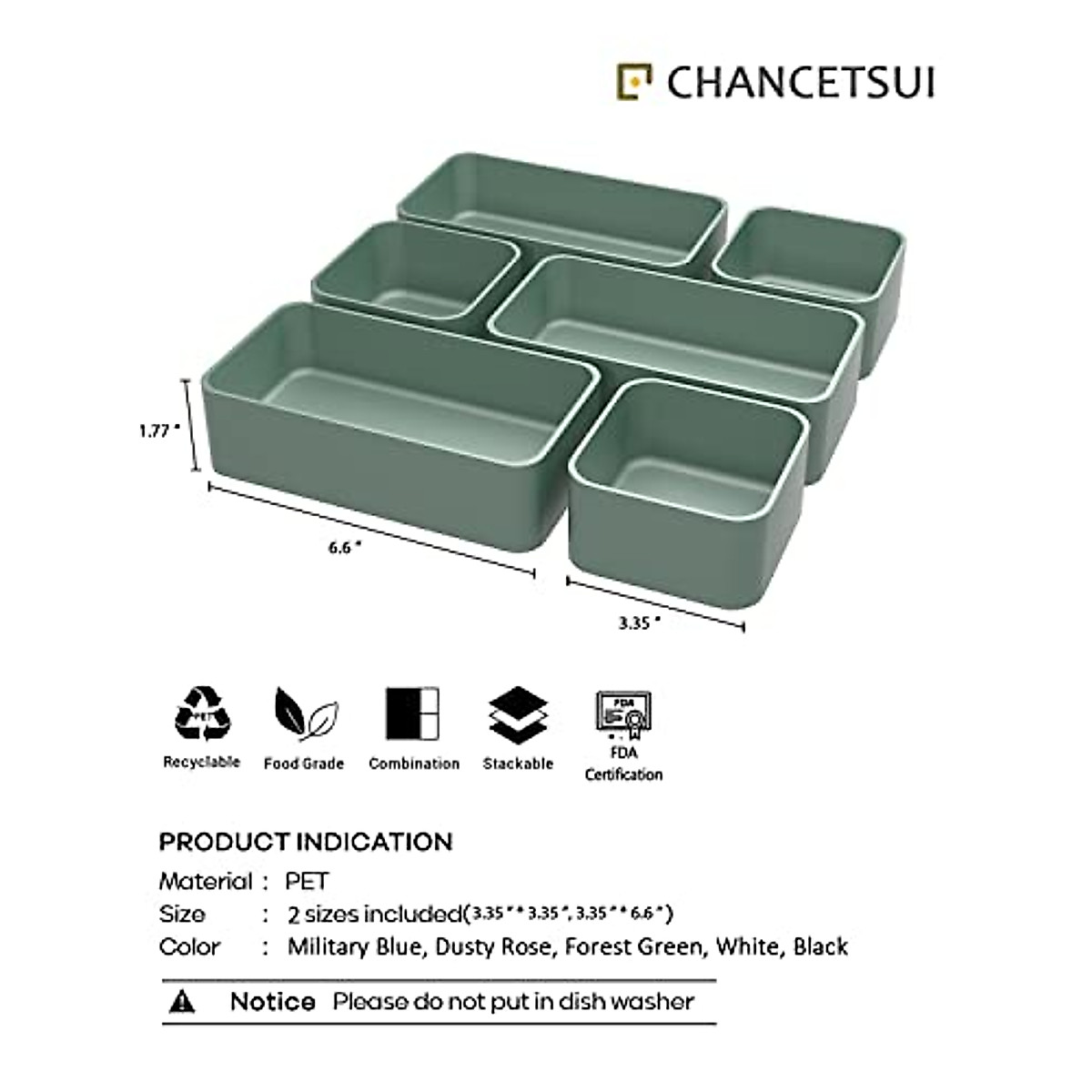 6 Pcs Stackable Drawer Organizer Set Desk Drawer Dividers, Bathroom Vanity Cosmetic Makeup Trays , Multipurpose Clear Plastic Storage Bins for Jewelries, Kitchen Gadgets and Office Accessories, Green