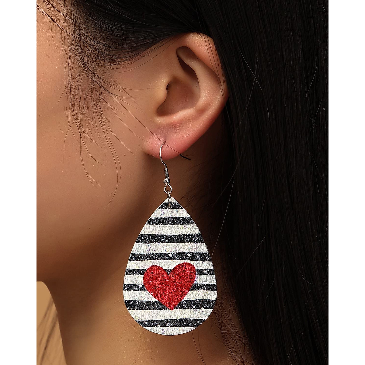 Honsny 20 Pairs Valentine's Day Faux Leather Earrings Set for Women Lightweight Teardrop Dangle Earrings Heart Stiped Water Drop Earrings