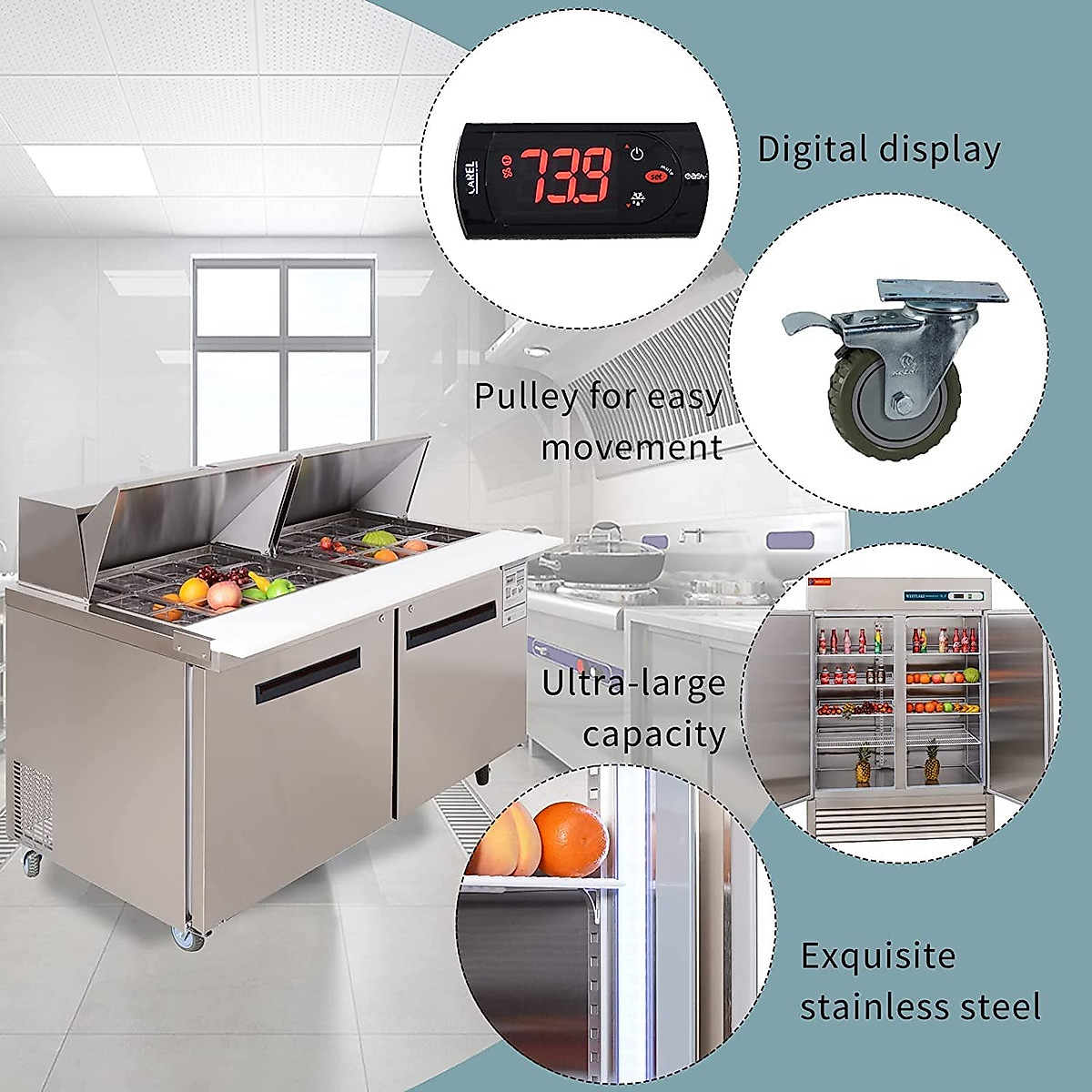 Aceland ASR-72BM 3 Door 72" MEGA Top Sandwich Prep Table Refrigerator - 20 Cu.Ft Refrigerated Salad Prep Station Table with Cutting Board and Pans, for Restaurant, Bar, Shop, Residential